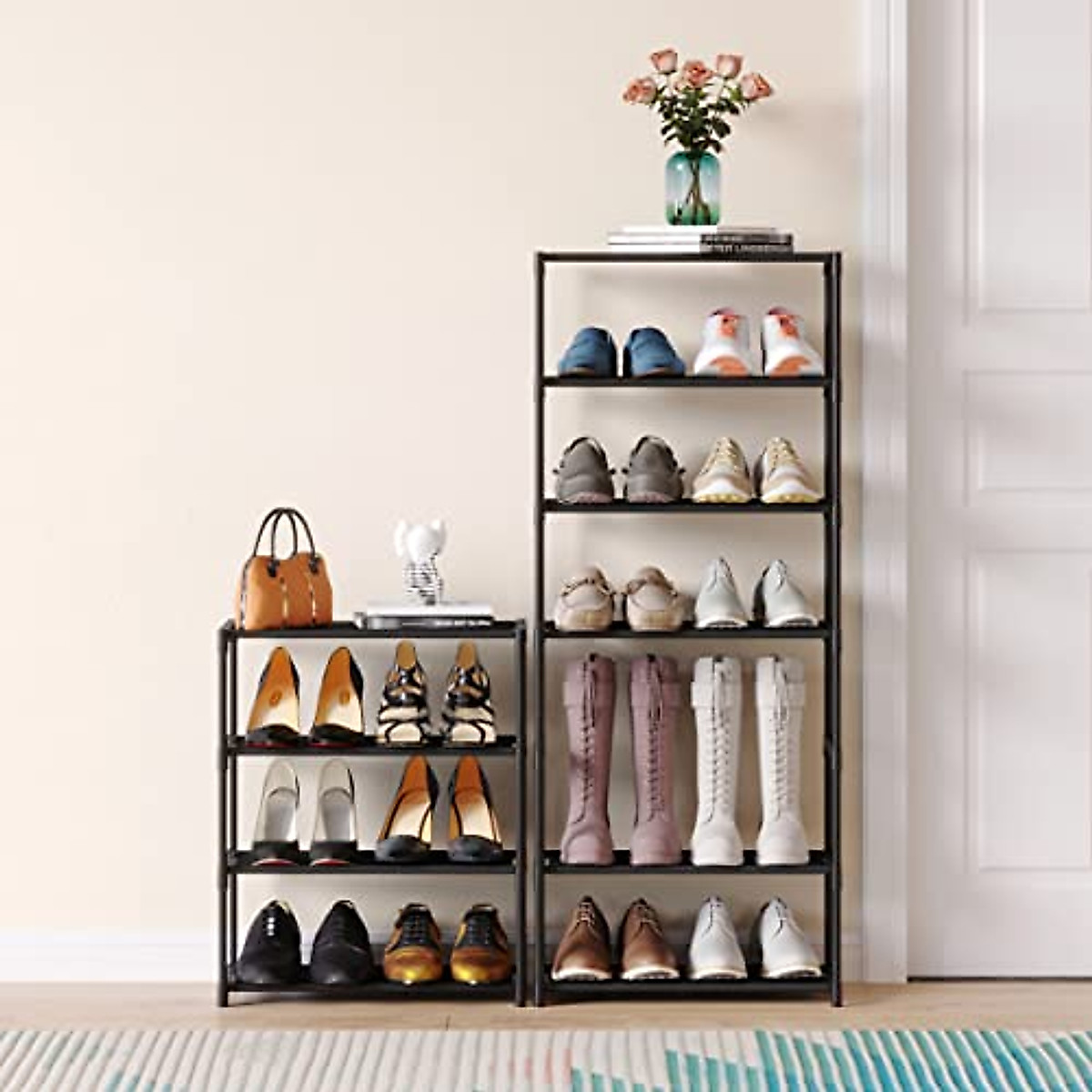 SHELAKET Stackable Small Shoe Rack，Upgrade 4-Tier Kids Shoe Shelf Storage Organizer for Entryway, Hallway and Closet (Black)