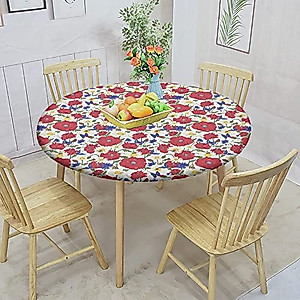 Floral Round Fitted Tablecloth Cover,Red Poppies Chamomile Ladybird Daisies Bumblebee Bees and Butterflies Print Elastic Edged Polyester Fitted Table Cover, xLarge, Fit Round Table 59"-63" Diameter