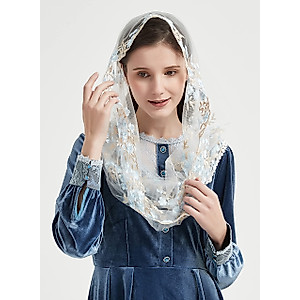 YuRongsxt Lace Infinity Chapel Veil Mantilla Veil Multicolored Embroidered Cherry Blossom Style Latin Mass M7 (Marian Blue+Pale Gold)