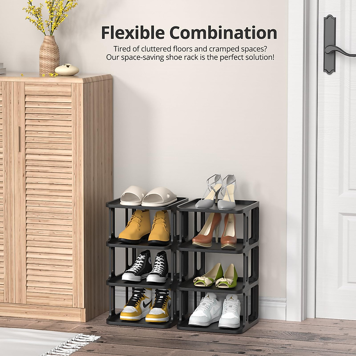 Small Shoe Rack for Closet - Free Standing Narrow Shoe Rack Organizer for Dedroom Dorm, Mini Stackable Shoe Rack Shelf for Entryway Garage Entrance, 4 Tier Vertical Black Shoe Cubby for Small Spaces