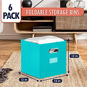 Ornavo Home Foldable Storage Bins Basket Cube Organizer with Dual Handles and Window Pocket - 6 Pack - 12" L x 12" W x 12" H - Teal