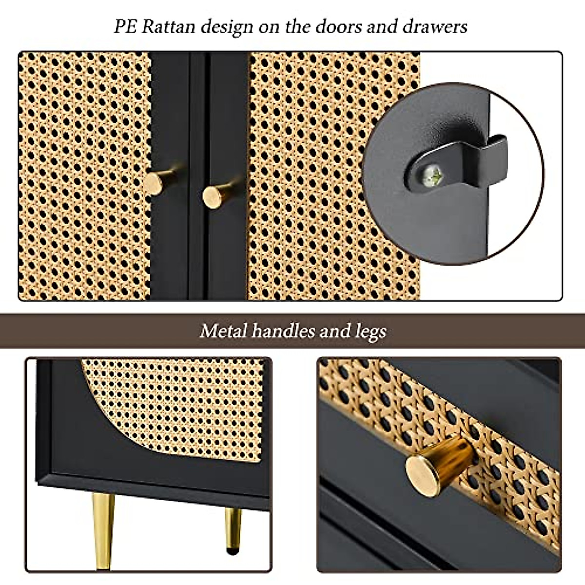 Modern TV Stand with 4 Rattan Doors and 4 Drawers, Entertainment Center for TVs Up to 65", Media Console Table Storage Sideboard Cabinet with Adjustable Shelves for Living Room Bedroom (Black-4R)