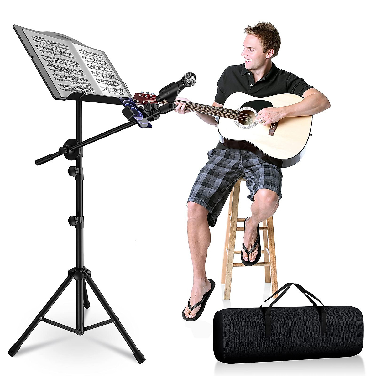 Sheet Music Stand - 3 IN 1 Professional Portable Music Stand with Folding Tray, Detachable Microphone Stand, Phone Holder and Carry Bag, Dual-Use Music Stand for Sheet Music & Projector Stand