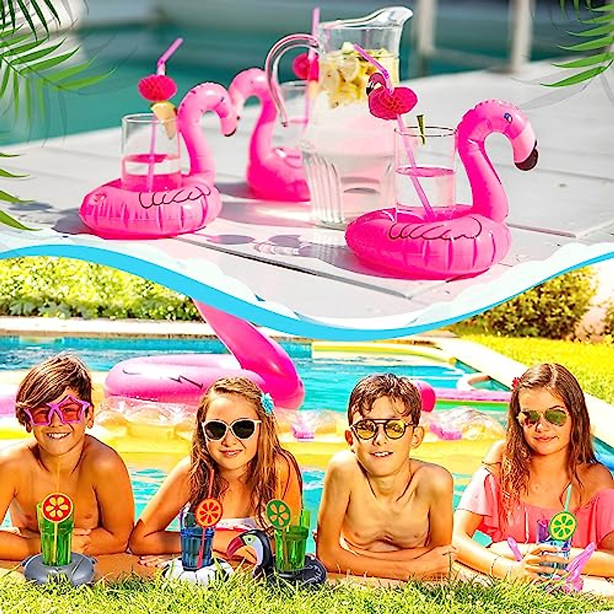 Lenwen 120 Pack Inflatable Drink Holder Pool Drink Floats Inflatable Floating Cup Holders for Adults Summer Swimming Pool Party Supplies, Boys Girls Bath Toys Flamingos Unicorn