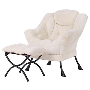 Welnow Lazy Chair with Ottoman, Modern Lounge Accent Chair with Armrests and a Side Pocket, Leisure Sofa Chair, Reading Chair with Footrest for Small Space, Corner Chair, Plush Beige