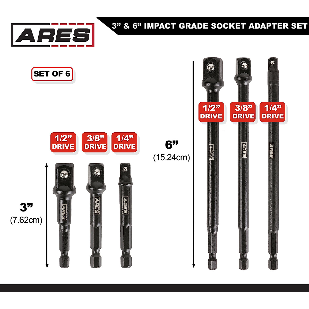 ARES 70382-6-Piece 3-Inch and 6-Inch Impact Grade Socket Adapter Set - Turns Impact Drill Driver into High Speed Socket Driver - 1/4-Inch, 3/8-Inch, and 1/2-Inch Drive Sizes