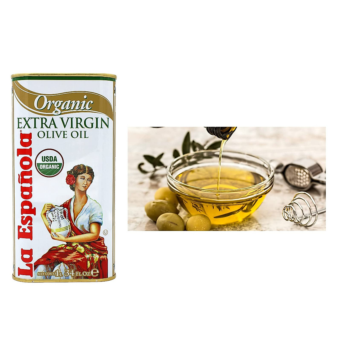 Spanish Organic Extra Virgin Olive Oil First Cold Pressed One Tin Can 33.8 Fl.Oz. (1L) Product of Spain
