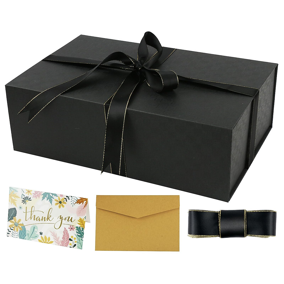 YINUOYOUJIA Large Gift Box14x9x4.5 Inch,Black Gift Box with Magnetic Closure Lid,Ribbon and Card,Present Box for Birthady,Valentine's Day,Mother's Day,Christmas,Box DIY,Anniversary