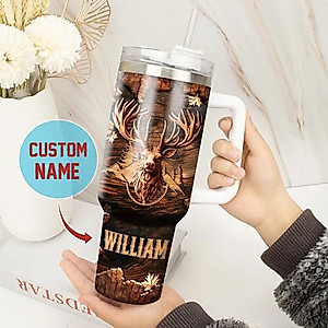 WAZONE Personalized I'd Rather Be Hunting 40oz Tumbler with Handle Lid and Straw Customized Name Stainless Steel Tumblers Travel Mug Cup Gift Birthday Christmas for Women Her Deer Hunter