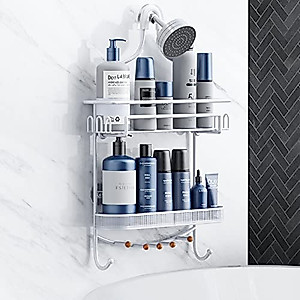 Smatorga Hanging Shower Caddy over Shower Head, Anti-Swing Stainless Steel Shower Organizer with 13 Hooks, Extra Large Storage Space for Razor Shampoo Holder Silver Shower Rack Rustproof
