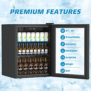 Erivess Compact Beverage Refrigerator,70 Can/1.6 Cubic Feet Fridge with Glass Front Door for Soda, Beer or Wine, Under Counter Drink Dispenser with Adjustable Shelve & Digital Display