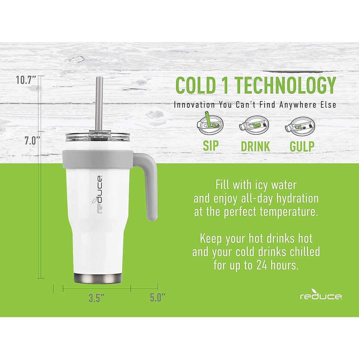 Reduce Tumbler – 24oz COLD 1 Mug With Lid, Straw and Handle – 24 Hours Cold – Easy-Hold Handle, Vacuum Insulated, Sweat-Proof Body – Cupholder Friendly Insulated Mug – White Gloss