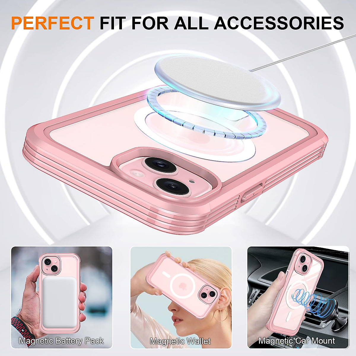 Ezanmull for iPhone 15 Case [Compatible with MagSafe] [with Built-in Touch Sensitive Anti-Scratch 9H Tempered Glass Screen Protector + Camera Lens Protector] Full-Body Magnetic Case (Clear&Pink)