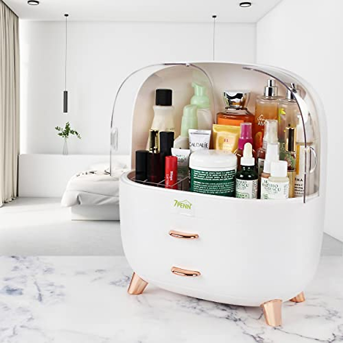 7Penn Large Makeup Organizer Box - Enclosed On Display Makeup Organizer Case with Cosmetic Storage Drawers