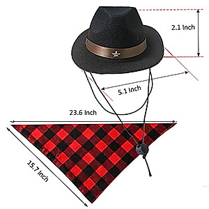 ANIAC Pet Dog Cowboy Hat and Plaid Bandana Set Cat Cowboy Costume Puppy Adjustable Cowboy Cosplay Cap with Scarf for Birthday Halloween Holiday Festival and Daily Wear (Black)