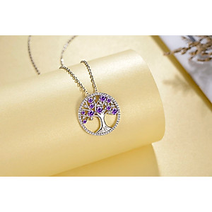 Zes-Husa February Birthstone Amethyst Jewelry Tree of Life Birthstone Pendant Necklace for Women Girls Valentines Day Gifts, Sterling Sliver Necklace Anniversary Birthday Gifts for Mom Wife
