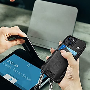 LUCKYCOIN for iPhone 13 Mini Crossbody Case Genuine Leather Card Slot Holders Wallet Protective Case Adjustable Leather Strap Lanyard Compatible with 2021 New Apple iPhone 13 Mini 5.4 inch Black