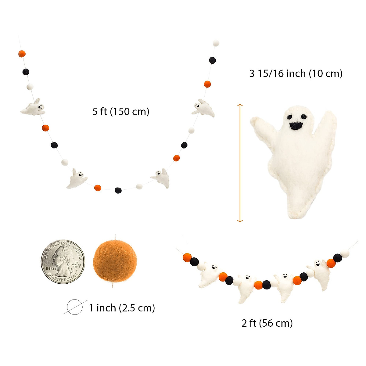 Glaciart One Felt Balls + Ghosts Garland - Easy to Hang Halloween Party Banner Decoration - 100% New Zealand Wool, Hand-Felted in Nepal - 5' Long, 15 White Orange & Black Pom Poms, 4 Ghost Ornaments