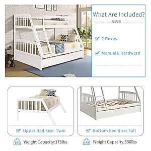 Merax Solid Wood Twin Over Full Bunk Bed with Two Storage Drawer, Removable Ladder and Safety Guardrail for Kids, Teens, Adults, Convertible to 2 Separated beds (White)