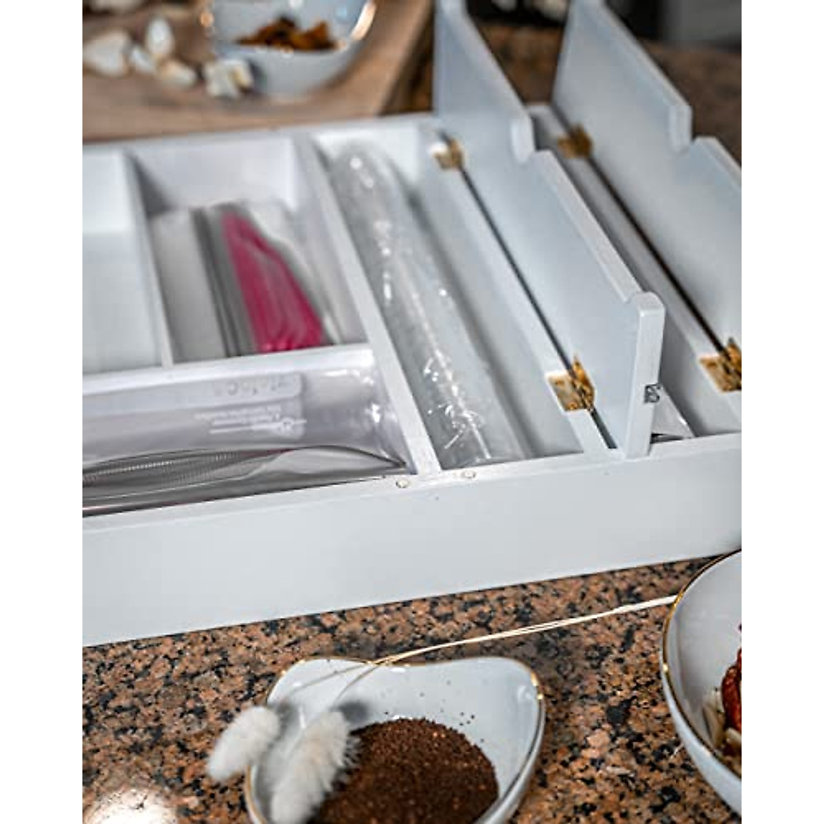 EDGE LINE White Bamboo Ziplock 6 Slot Storage Organizer - Food Storage Bags Organizer with 3 Doors - Kitchen Plastic Bags Storage - Gallon, Quart, Sandwich, Snack, Plastic Wrap, and Aluminum Foil