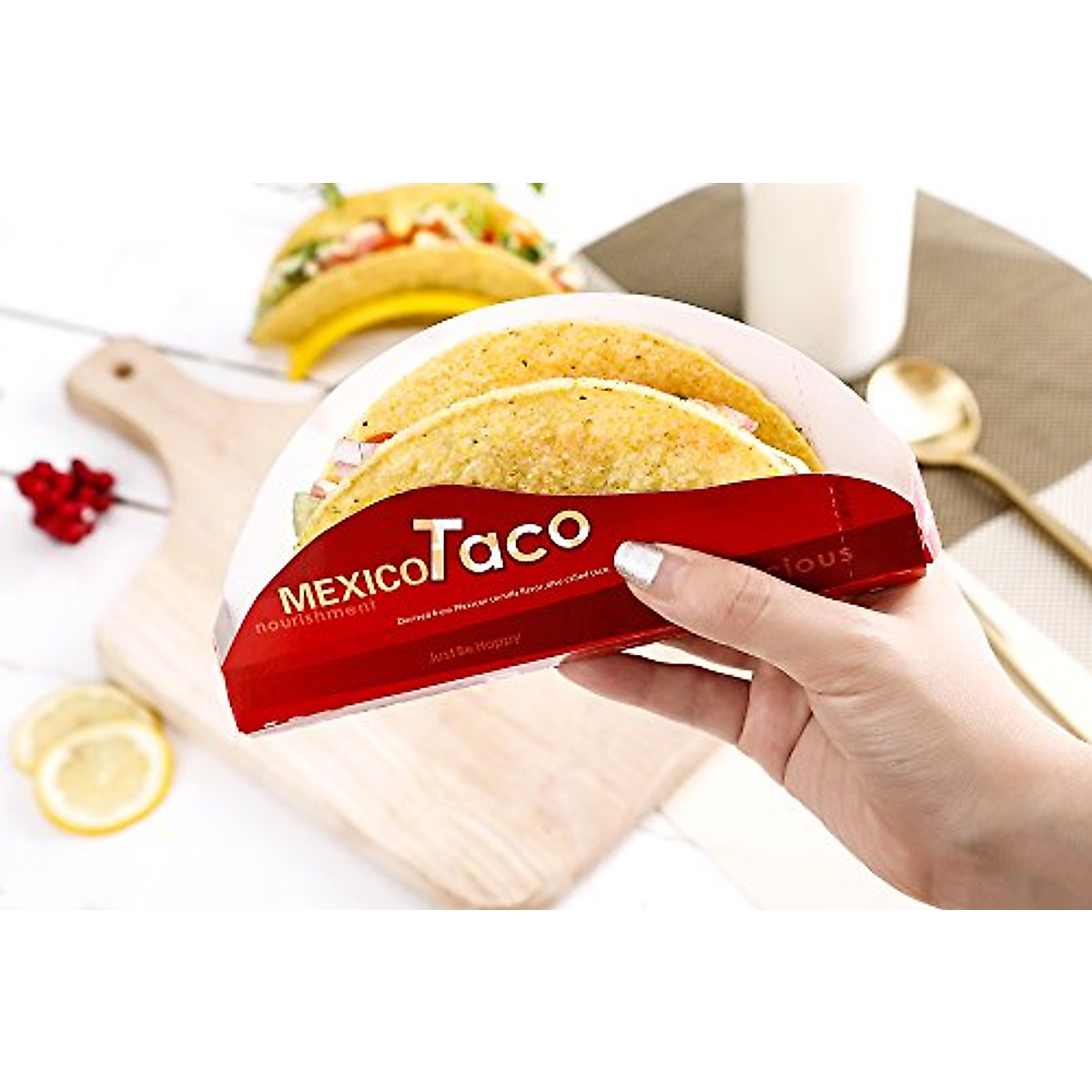 Disposable Taco Holder Taco with Recipes E-BOOK - Perfect For Party and Take Out Restaurant - Durable Paperboard Taco Rack -50 Pack