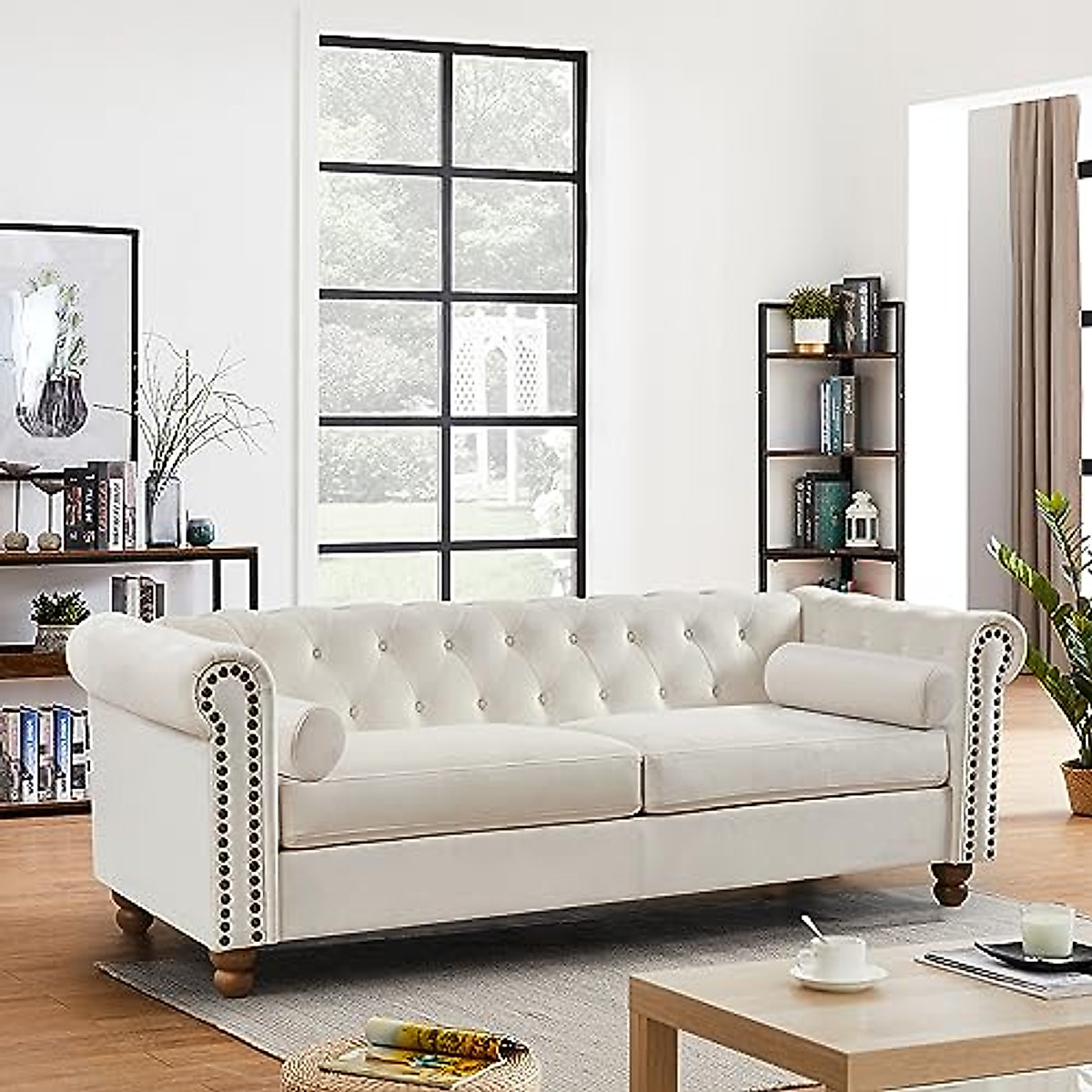 80.3'' Chesterfield Sofa, Classic 3 Seat Tufted Upholstered Couch, High-tech Fabric Sleeper Sofa with Nailhead Scrolled Arms for Living Room Apartment Office 80.31" W x 30.31" D x31.88 H (White)