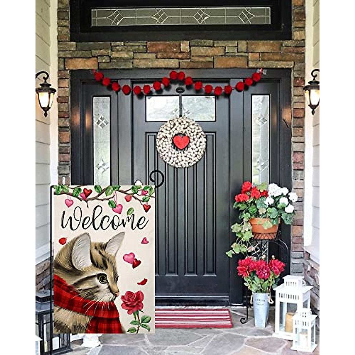 Valentines Cat Garden Flag 12x18 Vertical Double Sided Welcome Red Pink Love Heart Floral Farmhouse Spring Holiday Outside Decorations Burlap Yard Flag BW238