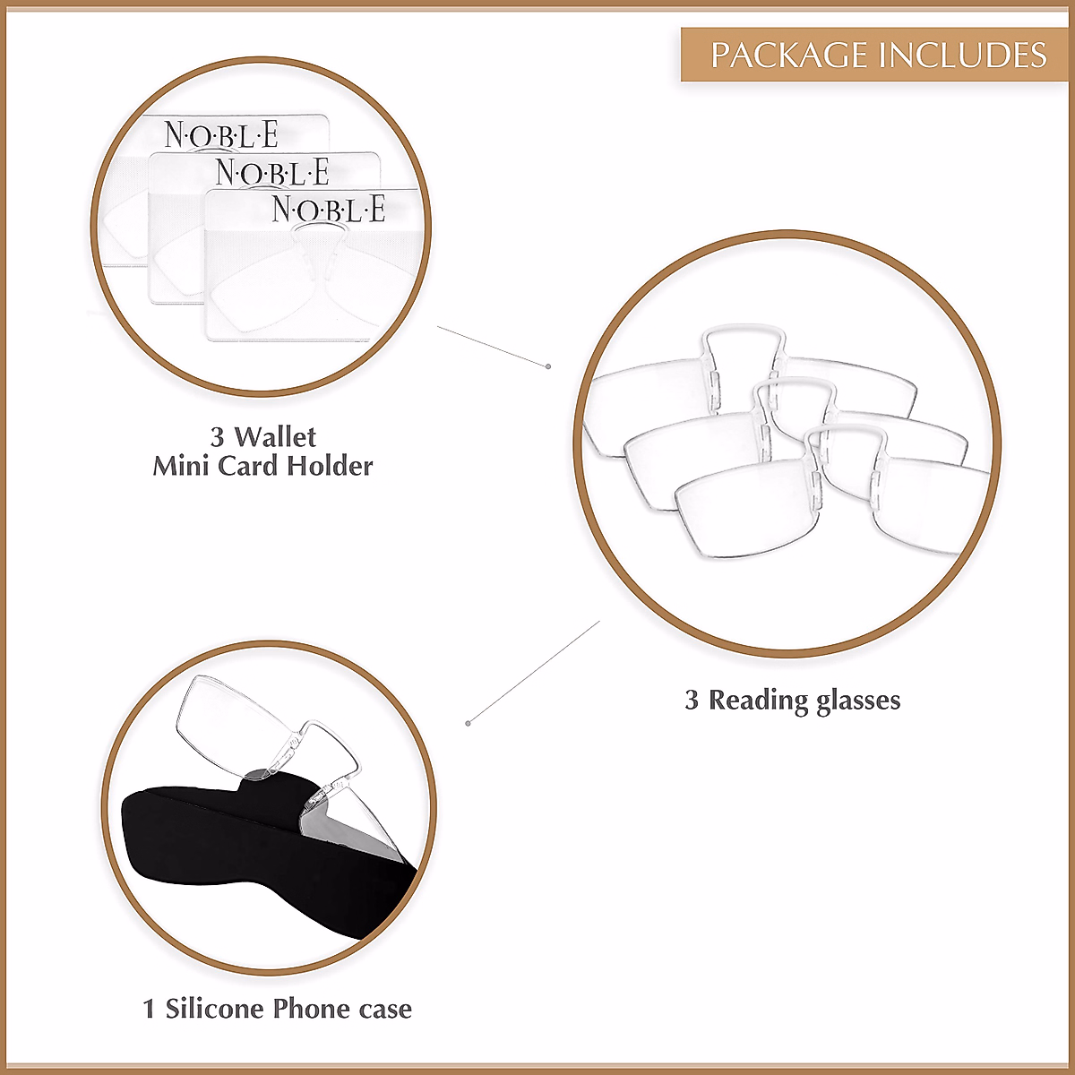 Noble Small Reading Glasses (3 Pack) - Rimless Readers with 3 Wallet Credit Card Holders and 1 Cell Phone Case - Pocket Magnifying Cheaters for Men and Women (+2.00)