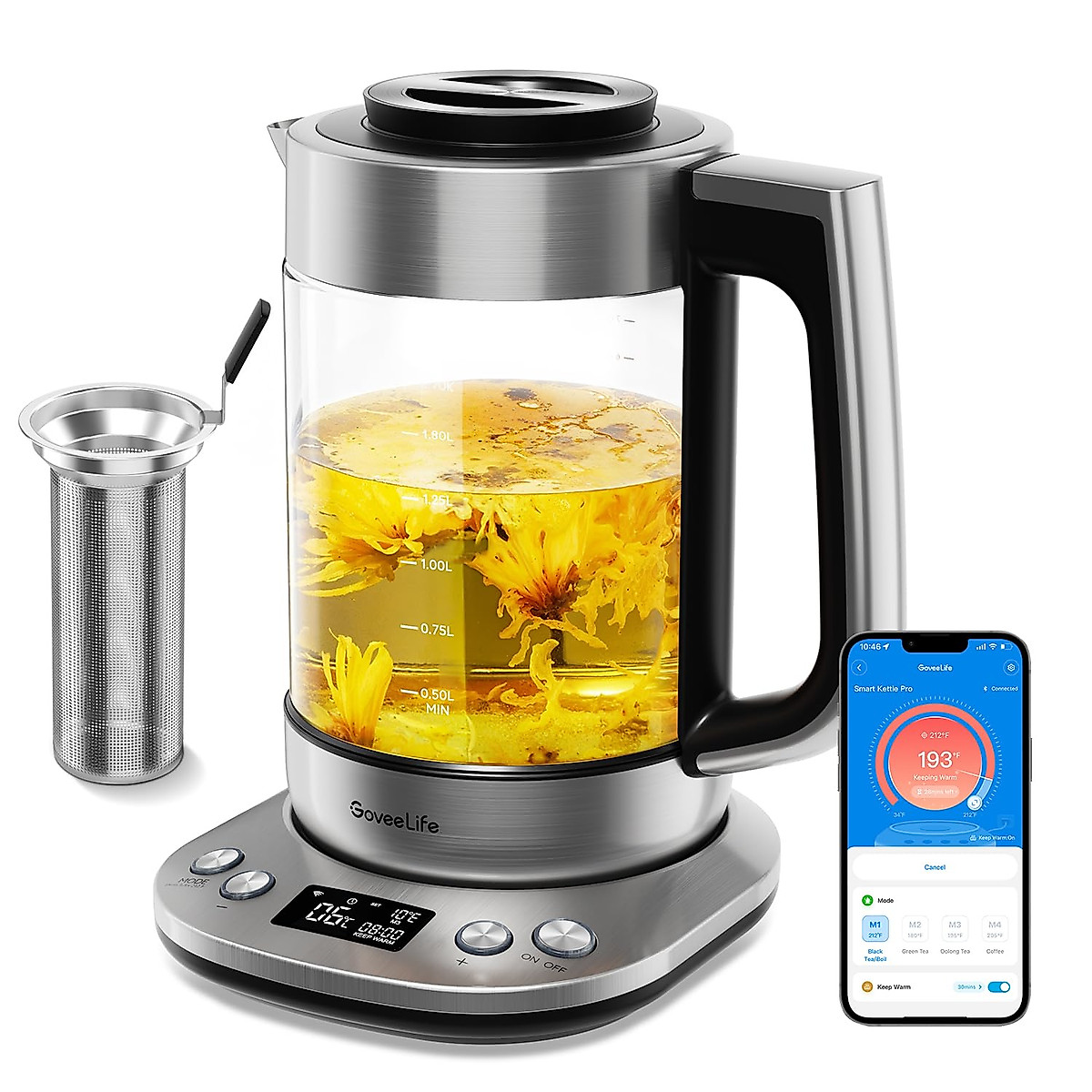 GoveeLife Smart Electric Kettle with Tea Infuser for Loose Leaf Tea, 1.7 L Electric Tea Kettle with Brewing Program, Variable Temperature Control, 2 H Keep Warm & Auto Shut off, BPA Free, Sliver