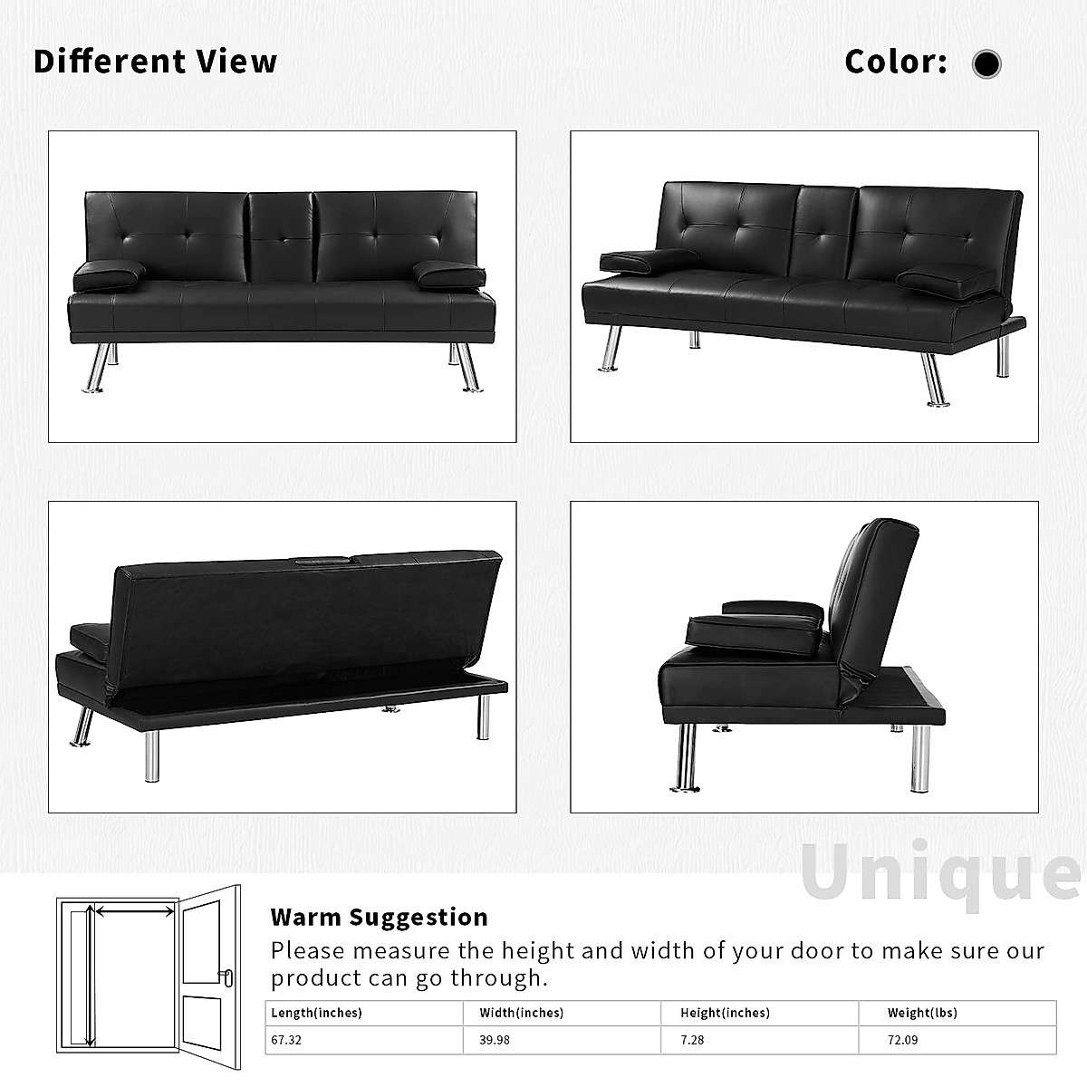 AINN 70 Inch Futon Sofa Bed, Twin Convertible Loveseat Sofa Couch, Removable Armrests Faux Leather Folding Sleeper Sofa with Cup Holder for Living Room Bedroom, Apartment and Small Space(PU, Black)