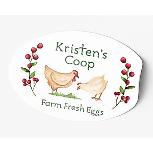 Egg Carton Labels - Custom oval personalized stickers, hens and red berries, 3.25" x 2", 10 per sheet