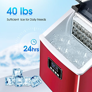 FREE VILLAGE Ice Maker Machine Countertop, 40Lbs/24H, Auto Self-Cleaning, 24pcs Ice Cube in 13 Mins, Portable Compact Ice Cube Maker, with Ice Scoop & Basket, Ideal for Home/Kitchen/Office/Bar, Red