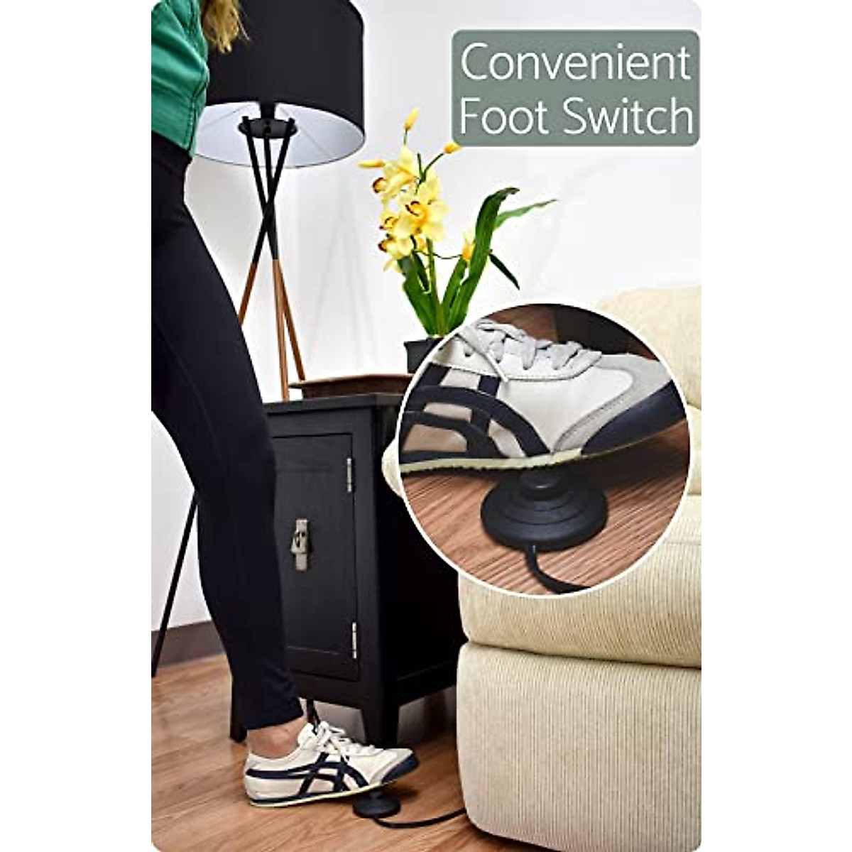 Kira Home Sadie 61" Mid Century Modern Tripod LED Floor Lamp + 9W Bulb (Energy Efficient/Eco-Friendly), Leather Accent Legs, Black Drum Shade, Black Finish