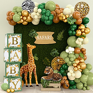 Baby Boxes Safari Baby Shower Decorations for Boy Girl, Safari Balloons Arch Kit with Green Jungle Baby Boxes,Green and Brown Animal Print Balloons for Dinosaur Safari Birthday Decorations for Boys