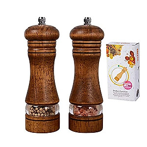 Funly mee 2 Pack Farmhouse Manual Wood Salt and Pepper Grinder Mills Sets, Refillable Mill Sets with Clear Acrylic Window - 6.5 In (6.5 inch Brown)