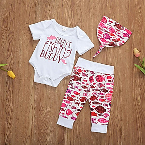 Mioliknya 3PCS Newborn Baby Girl Daddy's Fishing Buddy Short Sleeve Romper Bodysuit Floral Pants Leggings Hat Outfits (Rose Red, 0-3 Months)