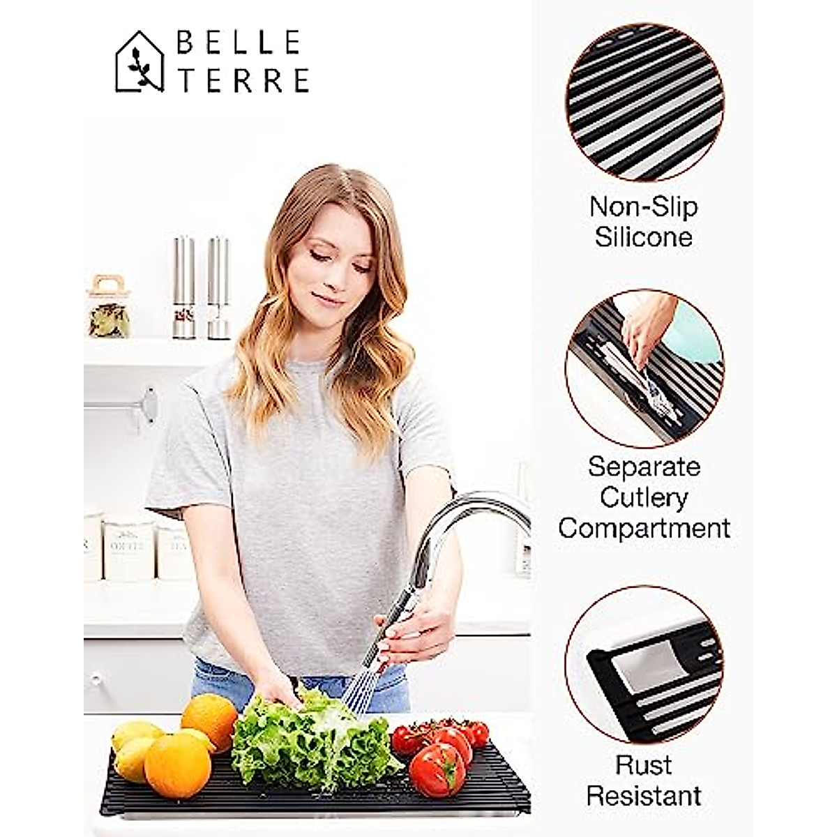 BELLE TERRE Roll-Up Dish Drying Rack & Swedish Dish Cloth Set - Space-Saving Sink Rack (20.5" x 15.5") with Utensil Tray & Reusable Absorbent Cloths - Solid Steel Construction & Cellulose Material