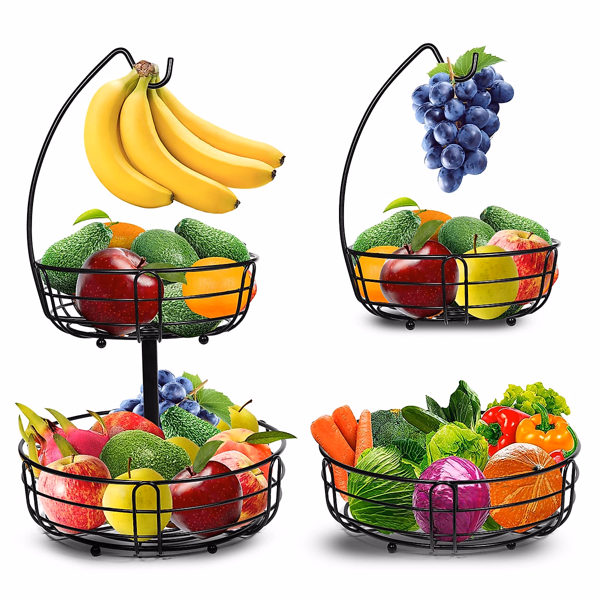 Scnve Fruit Basket - 2 Tier Fruit Bowl with Banana Hanger for Kitchen (Black)