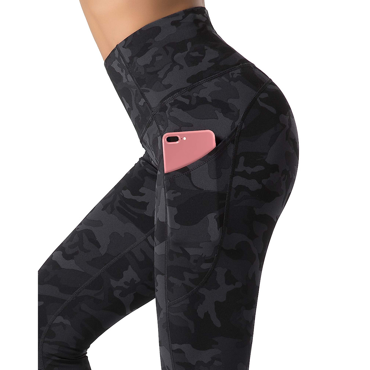 Dragon Fit High Waist Yoga Leggings with 3 Pockets,Tummy Control Workout Running 4 Way Stretch Yoga Pants (Small, Black&Grey Camo)