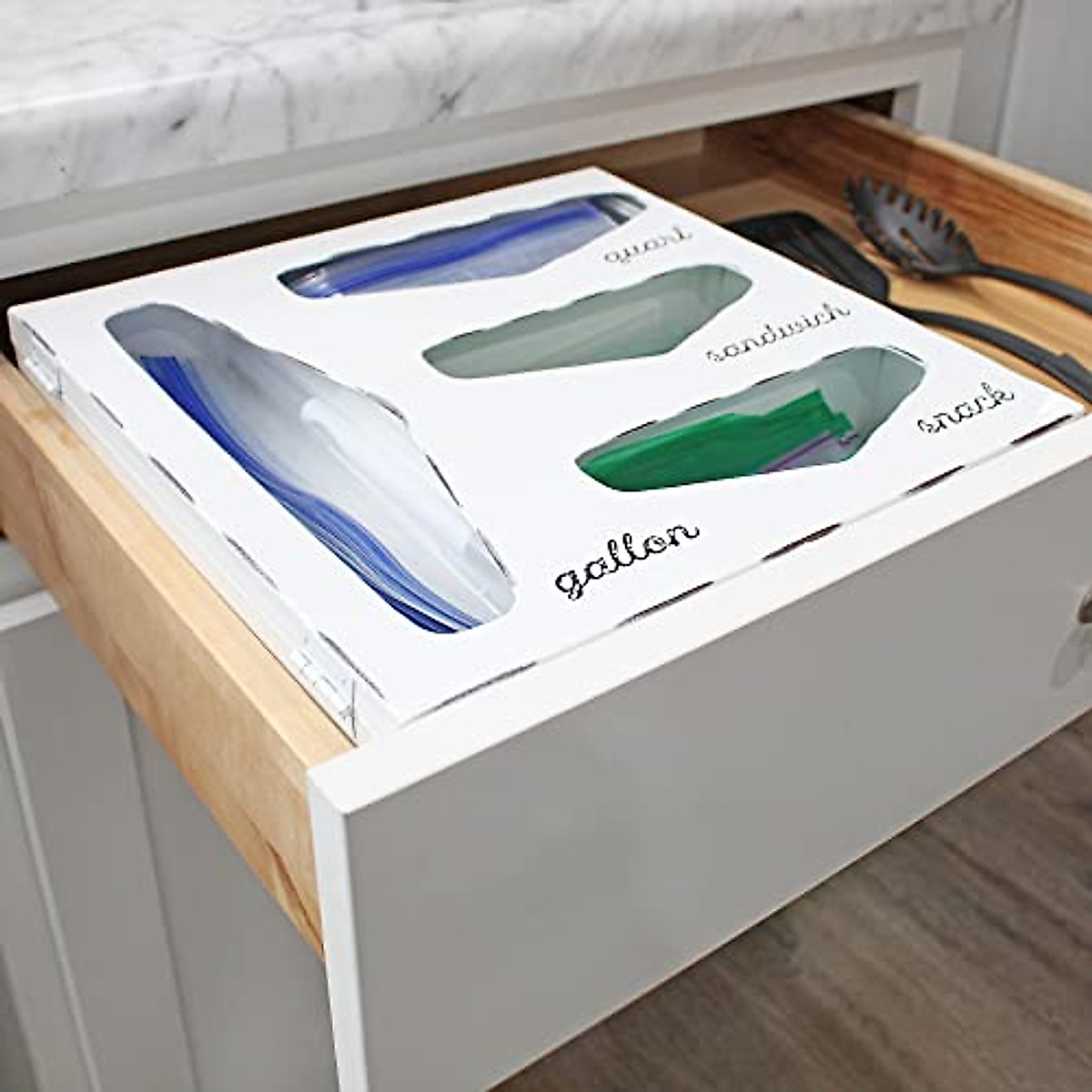 AuldHome Enamelware Kitchen Bag Organizer (White), Farmhouse Style Holder Compatible with Zipper Seal Kitchen Storage