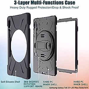 Gerutek Galaxy S7FE/S8 Plus/S7 Plus 12.4" Case 2022/2020, 3-Layer Shockproof Structure Samsung Galaxy S8+ /S7+ Tablet Case with Pen Holder, Rotatable Kickstand, Shoulder/Hand Strap, Black