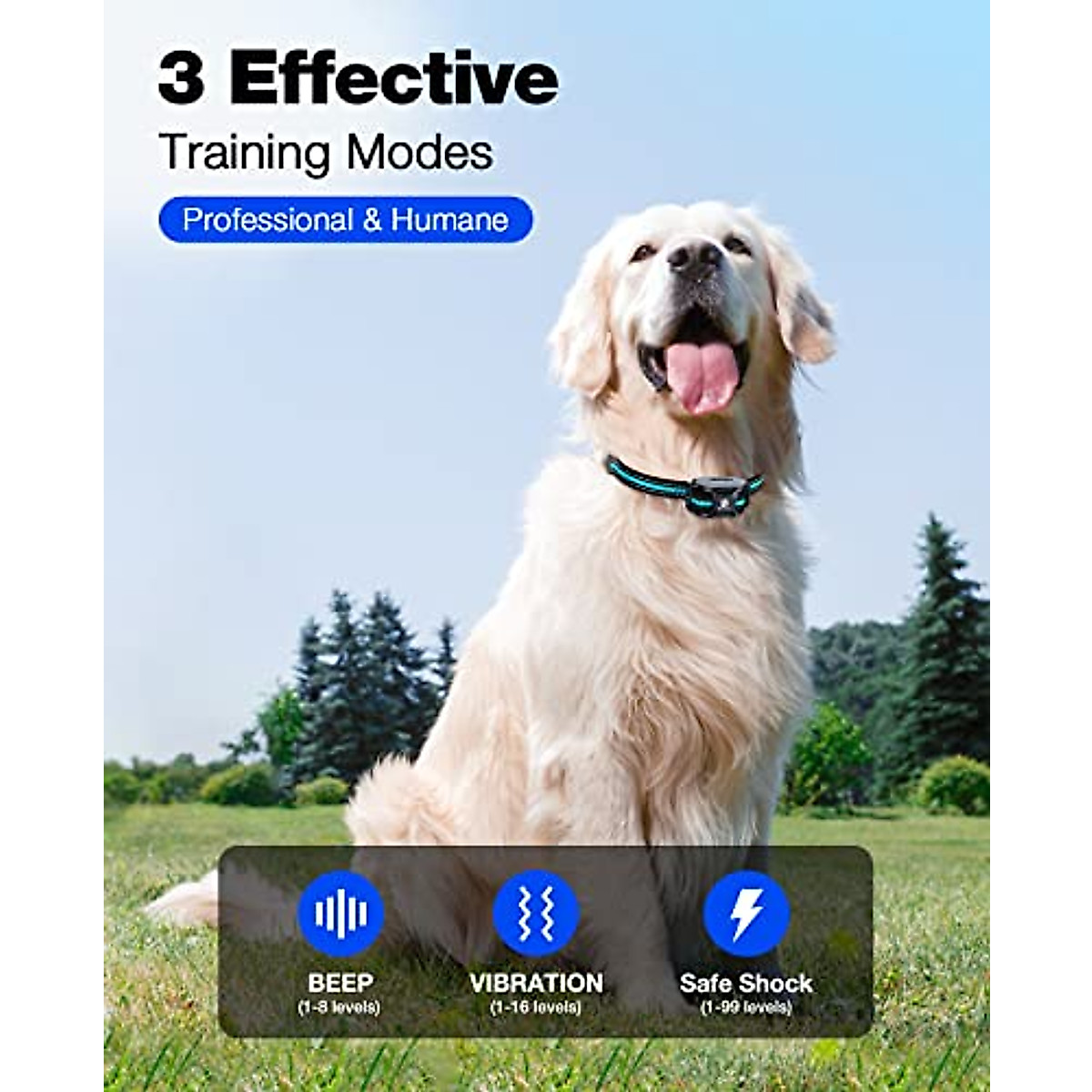 Bousnic Dog Shock Collar - 3300Ft Dog Training Collar with Remote for 5-120lbs Small Medium Large Dogs Rechargeable Waterproof e Collar with Beep (1-8), Vibration(1-16), Safe Shock(1-99) Modes (Blue)