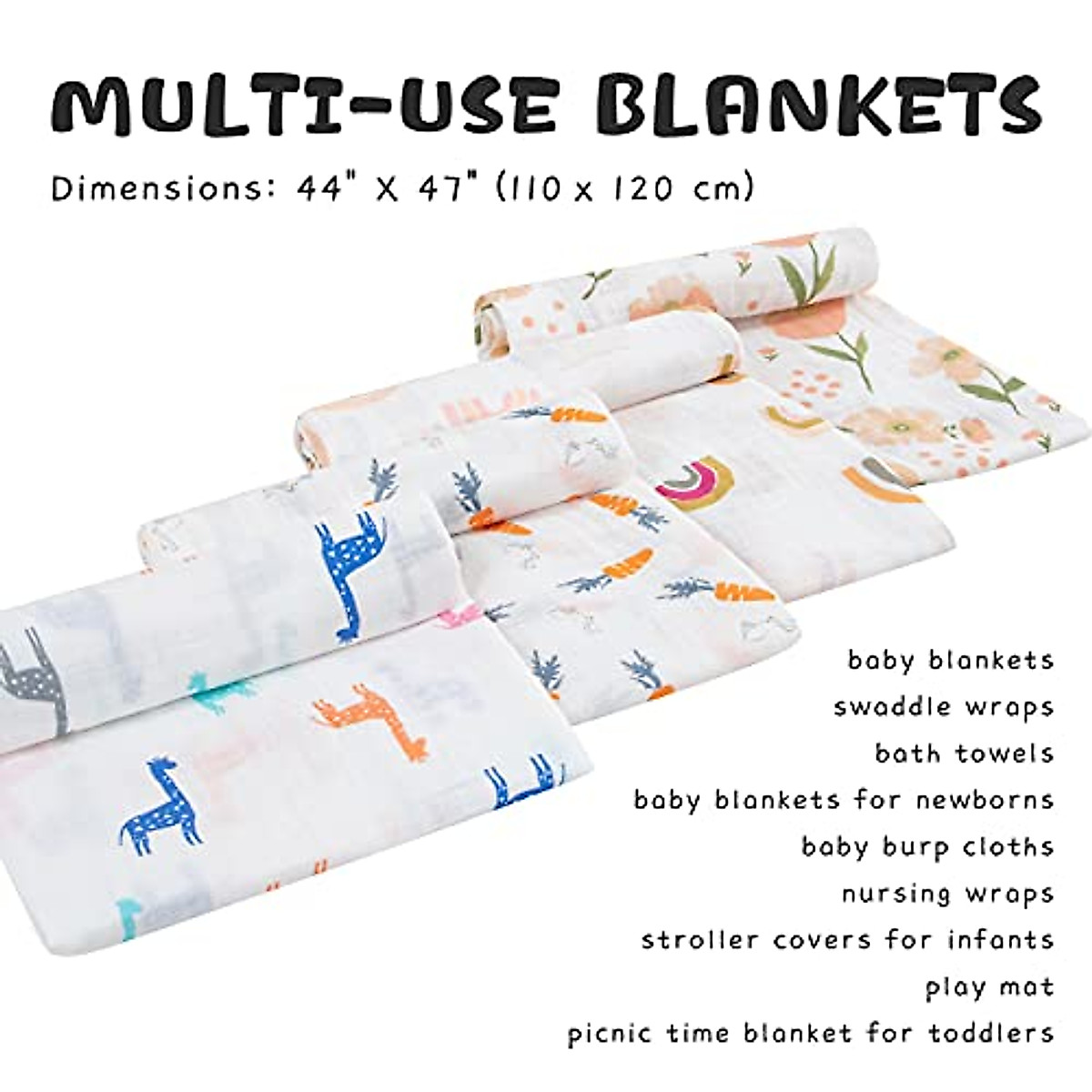 Catteyonce Swaddle Blankets, 4 Pack Breathable Muslin Swaddle Blankets, Cotton Soft and Comfortable Receiving Blanket for Newborn Boys and Girls, Orange/Giraffe, Large 44 "x 47 "