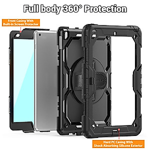 SEYMAC Case for iPad 9th/8th/7th Generation Case 10.2" 2021-2019, Full-Body Shockproof Heavy Duty Protective Case with Screen Protector, 360° Rotating Stand/Handle/Shoulder Strap for iPad 10.2, Black