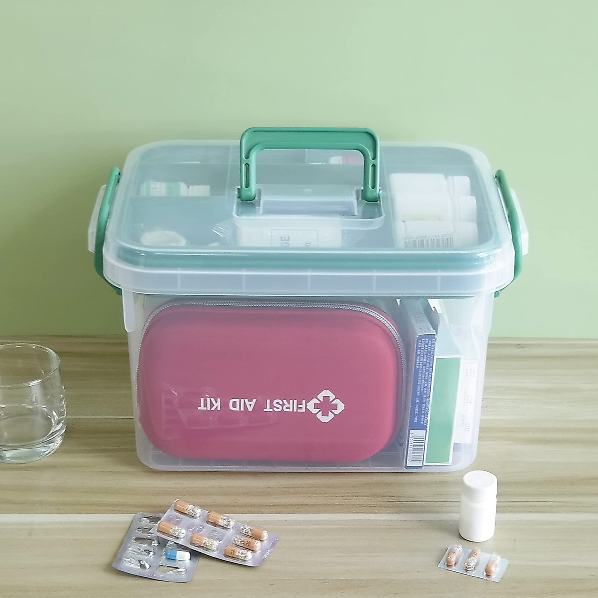 Gloreen Clear Plastic First Aid Kit Box, Household Medicine Storage Box, 1 Pack