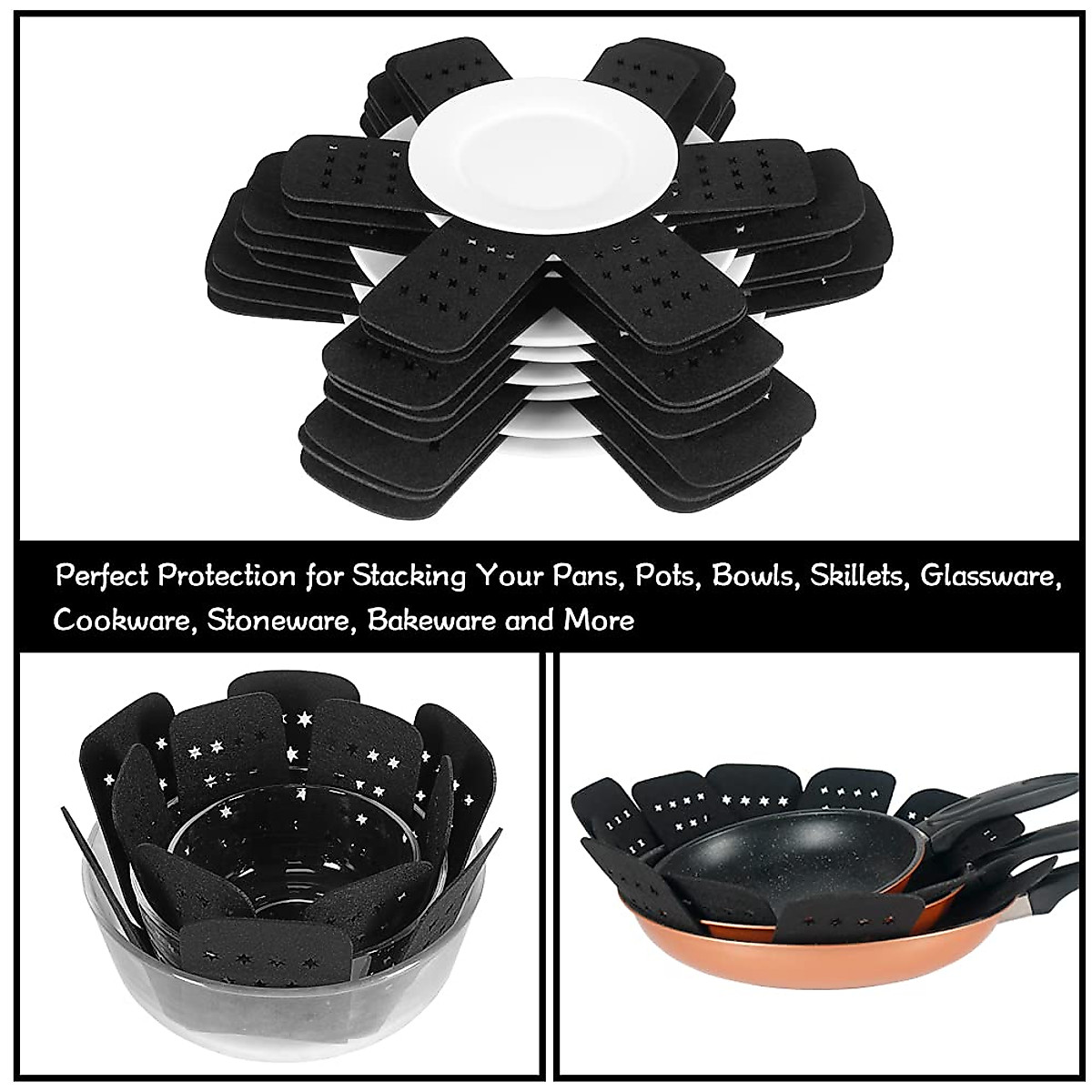 BYKITCHEN Pan Protector with Stars, Set of 12 and 3 Different Sizes, Black Pan Separators, Felt Pot Protectors for Stacking and Separating Your Cookware