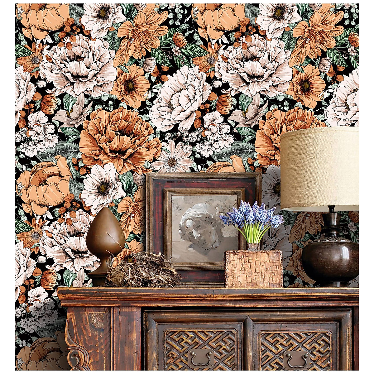 HAOKHOME Vintage Peel and Stick Floral Wallpaper Removable Large Peony Black/Orange/Pink Vinyl Self Adhesive Mural 17.7in x 6.5ft