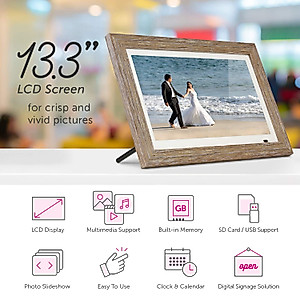 Aluratek 13" Distressed Wood Digital Photo Frame with 8GB Built-in Memory, 2 Interchangeable Frames, USB/SD/SDHC Supported, Built-in Clock & Calendar, Non-WiFi