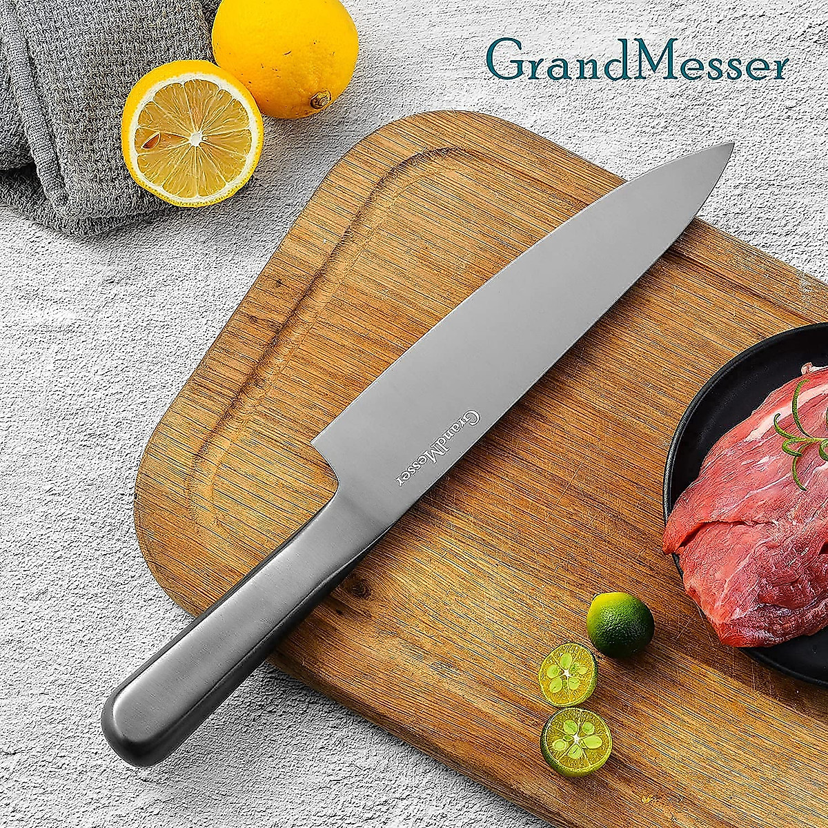 Cooking Chef Knife, 8 Inches Carbon Stainless Steel Kitchen Knife with Sharpener and Ergonomic Handle, Chopping Knife for Professional Use（Matte Stainless）