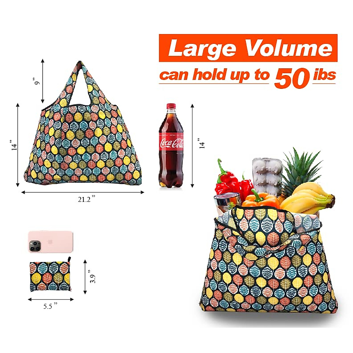 Wayideal Reusable Grocery Bags,Washable/Durable Nylon Outdoor Bags，Set of 5 XXL-Shopping Holiday Folding Tote Bags,(RainbowStripe,PolarBear,Lemon,CartoonQhale,PinkHeart)